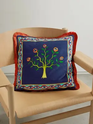 La DoubleJ Fringed Printed Cotton-blend Velvet Cushion - Blue