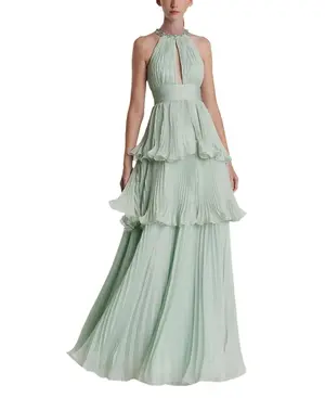 Mac Duggal High Neck Chiffon Tiered Gown With Cut Out - Mint