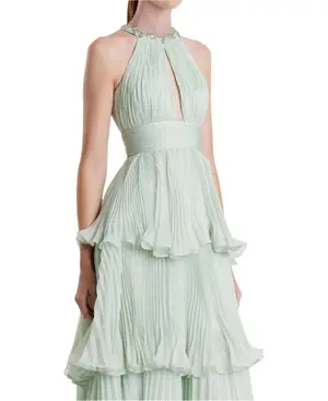Mac Duggal High Neck Chiffon Tiered Gown With Cut Out - Mint