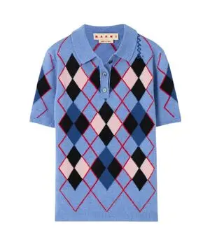 Marni Embroidered Argyle Wool Polo Shirt - Blue