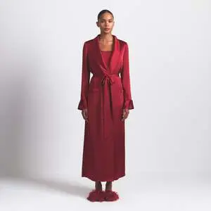 SKIMS Long Robe | Red | Small | Woven Shine - Brick