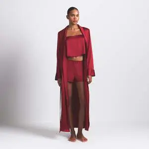 SKIMS Long Robe | Red | Small | Woven Shine - Brick