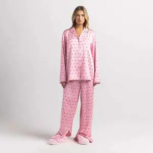 SKIMS Woven Shine Long Sleep Set - Halite Kims Lips Print