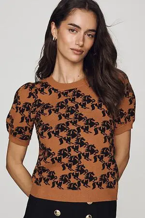 Maeve Puff Sleeve Sweater Tee With Floral Motif - Brown Pattern