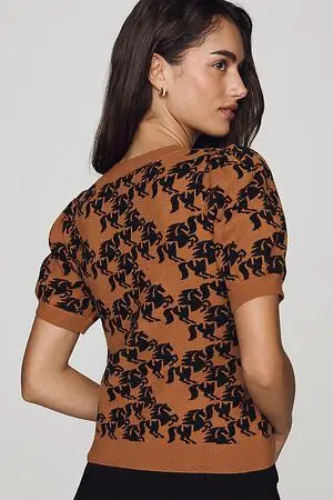 Maeve Puff Sleeve Sweater Tee With Floral Motif - Brown Pattern