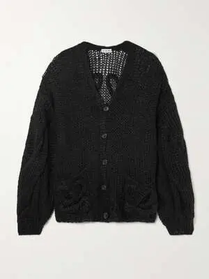 Loewe Anagram Embroidered Open-Knit Mohair-Blend Cardigan In Black