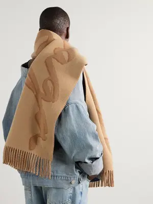 Balenciaga Fringed Printed Wool And Cashmere-blend Scarf - Neutrals