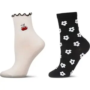 MEMOI Fashion Floral Crew Socks 2-pack - Black-nude