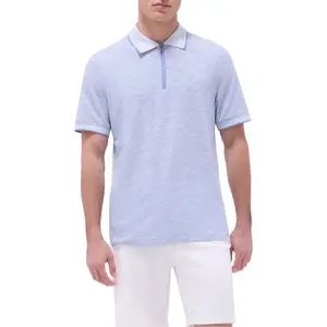 Bugatchi Cotton & Linen Quarter Zip Polo Cobalt
