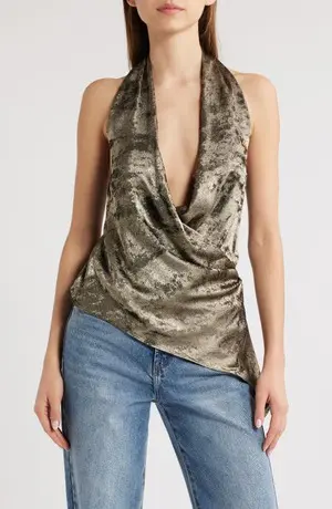 MISTRESS ROCKS Drape Metallic Halter Top