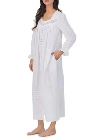 Eileen West Long Sleeve Cotton Dobby Nightgown - White