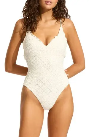 Seafolly Daydreamer Deep V-neck One-piece Swimsuit - Vanilla