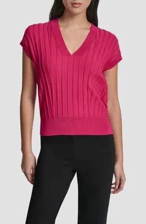 Dkny Ribbed Short Sleeve Sweater - Hot Pink