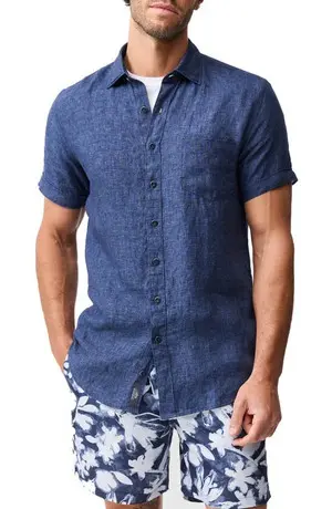 Rodd & Gunn Palm Beach Sports Fit Short Sleeve Linen Button-up Shirt - Marine