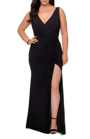 La Femme Jersey Gown With Slit - Black
