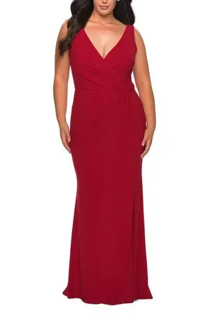La Femme Jersey Gown With Slit - Deep Red