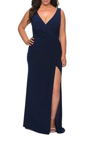 La Femme Jersey Gown With Slit - Navy
