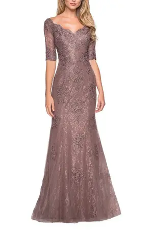 La Femme Floor Length Lace Gown With Rhinestone Detail - Cocoa