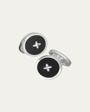 JAN LESLIE Black Onyx Button Cufflinks - Silver