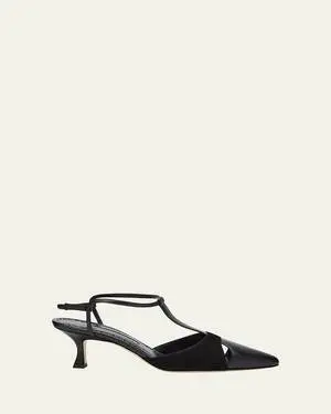 Manolo Blahnik Mixed Leather T-strap Pumps - Black