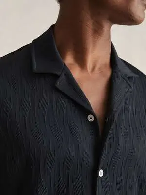 REISS Elio Wave-jacquard Cuban-collar Shirt