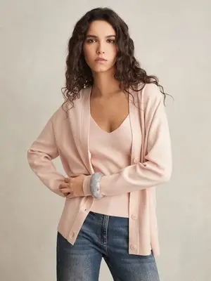 REISS Lucy Lyocell Blend V-neck Cardigan - Pink