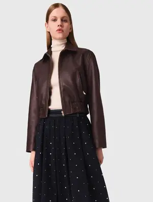 Maje Vintage Leather Cropped Jacket - Brown