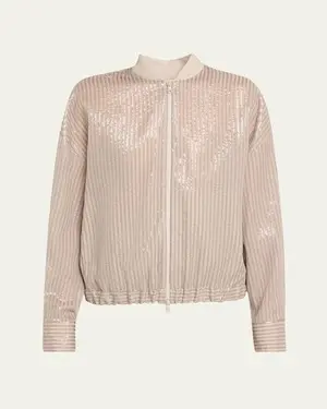 Brunello Cucinelli Brunello Cucinelli Stripe Sequined Organza Bomber Jacket - Quarzo