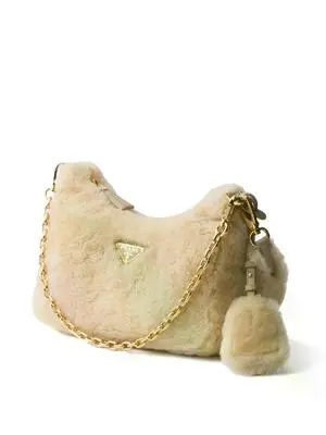 Prada Mini Re-edition Shearling Shoulder Bag - Neutrals