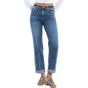 HINT OF BLU Cuffed Mid Rise Boyfriend Jeans - Western Blue