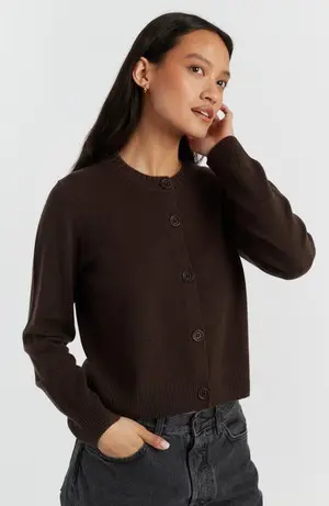 Chinti & Parker Wool Cashmere Blend Crew Neck Cropped Cardigan - Chocolate