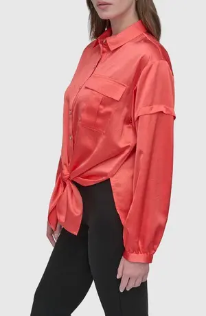 Dkny Tie-front Satin Shirt - Coral Crus
