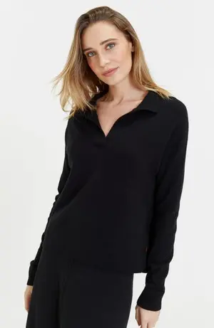 Chinti & Parker Wool Cashmere Blend V-neck Collared Sweater - Black