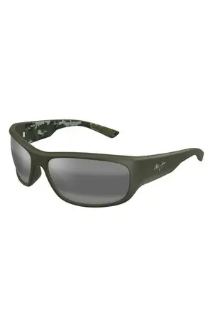 Maui Jim 64mm Wraparound Rectangular Sunglasses - Green