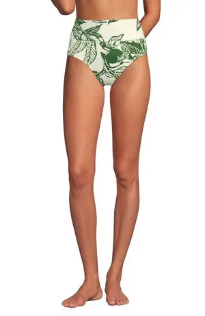 LANDS' END High Waisted Bikini Bottom - Egret/green Etched Leaves