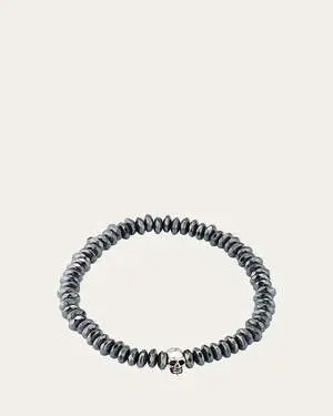 JAN LESLIE Hematite Beaded Bracelet With Sterling Silver Skull - Grey