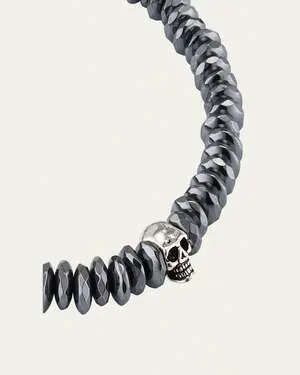 JAN LESLIE Hematite Beaded Bracelet With Sterling Silver Skull