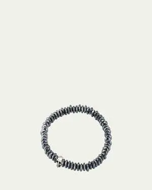 JAN LESLIE Hematite Beaded Bracelet With Sterling Silver Skull