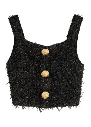 Balmain Frayed Cropped Bouclé Tweed Top
