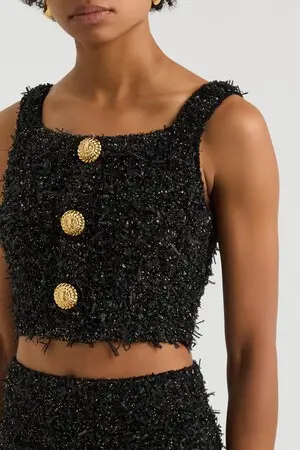 Balmain Frayed Cropped Bouclé Tweed Top