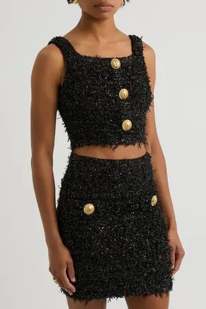 Balmain Frayed Cropped Bouclé Tweed Top