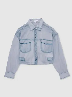 REISS Darcy Cotton Denim-print Cropped Shirt