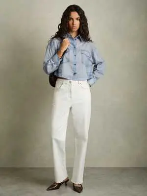 REISS Darcy Cotton Denim-print Cropped Shirt