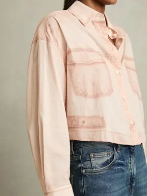 REISS Darcy Cotton Denim-print Cropped Shirt