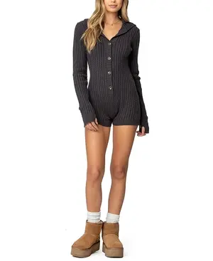 EDIKTED Hooded Cable Knit Romper - Dark Gray