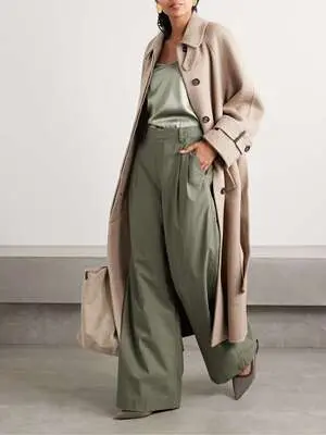 Brunello Cucinelli Pleated Wide-leg Cotton-blend Pants - Army Green