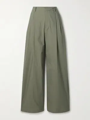 Brunello Cucinelli Pleated Wide-leg Cotton-blend Pants - Green