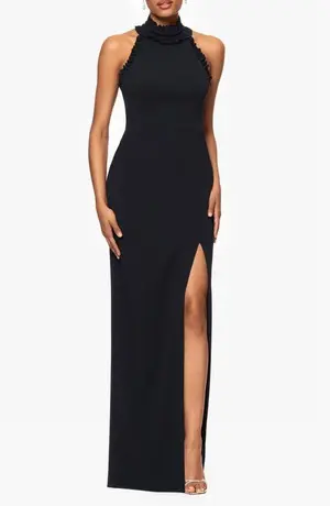 XSCAPE EVENINGS Ruffle Trim Mock Neck Evening Gown