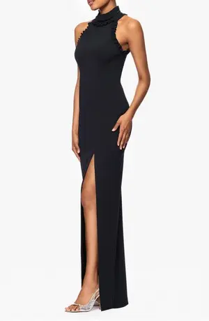 XSCAPE EVENINGS Ruffle Trim Mock Neck Evening Gown