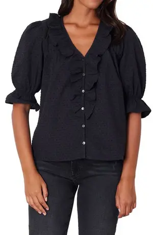 PANEROS CLOTHING Chloe Swiss Dot Ruffle Shirt Black